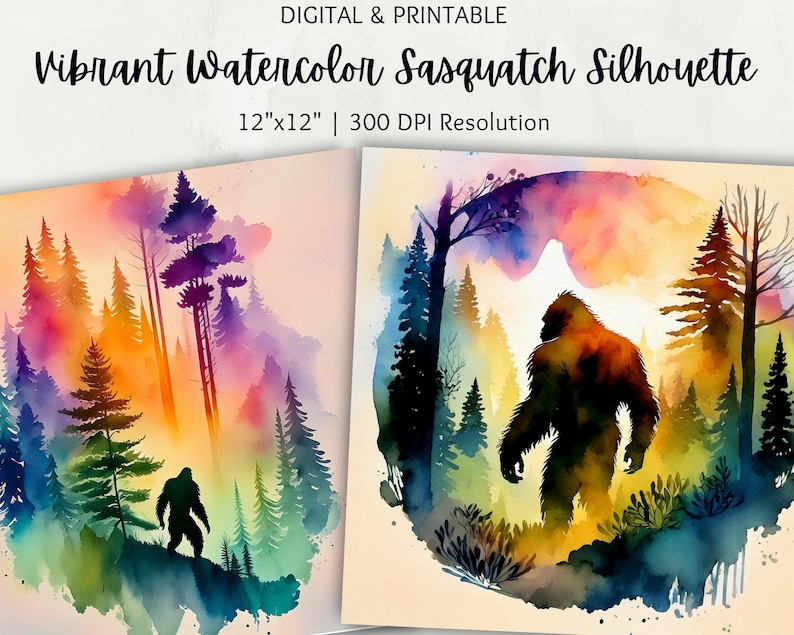 Vibrant Watercolor Sasquatch Printable Art | Bigfoot, Sasquatch, Yeti ...