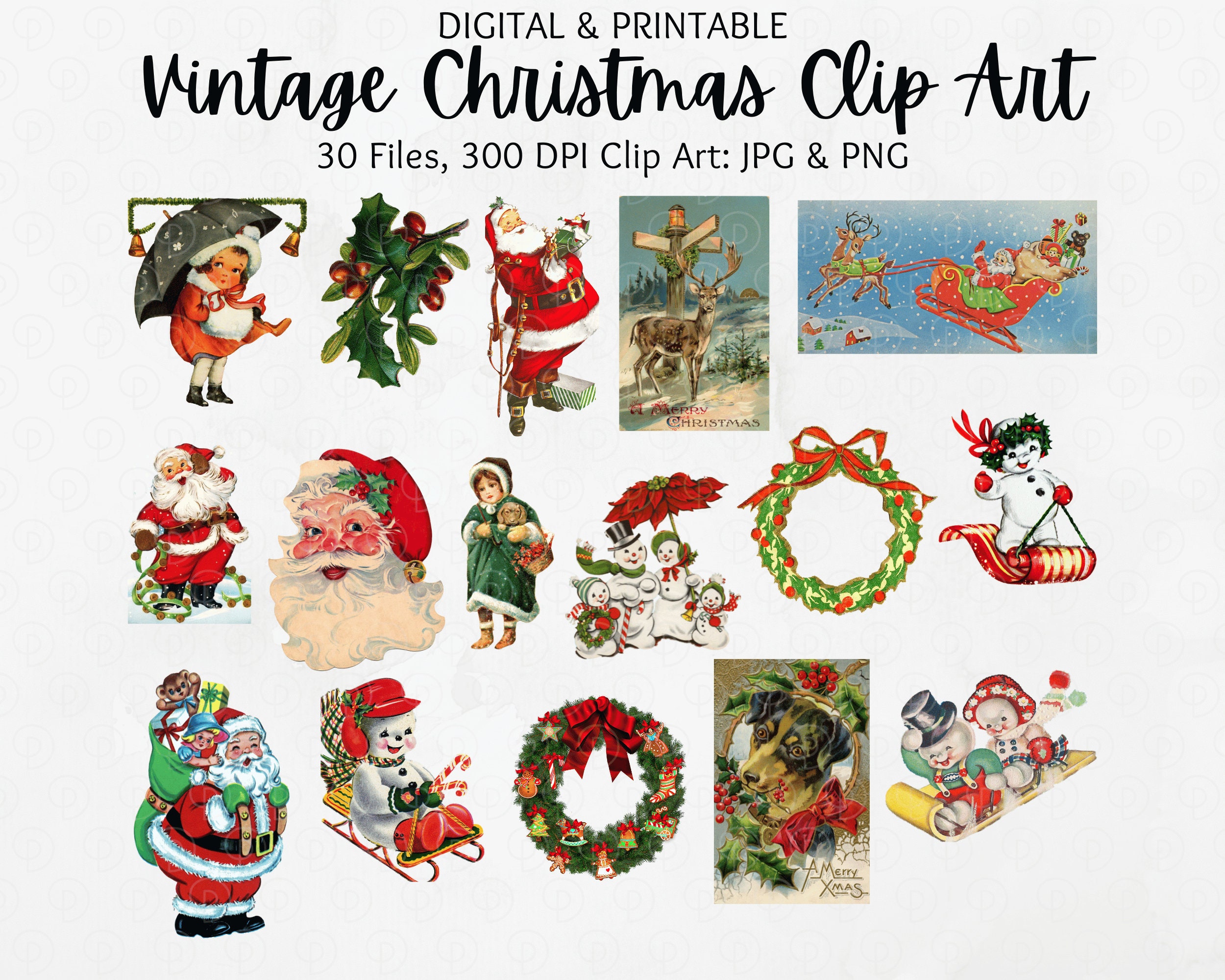 Vintage Christmas Clipart | Retro Christmas PNG Clip Art | Junk Journal ...