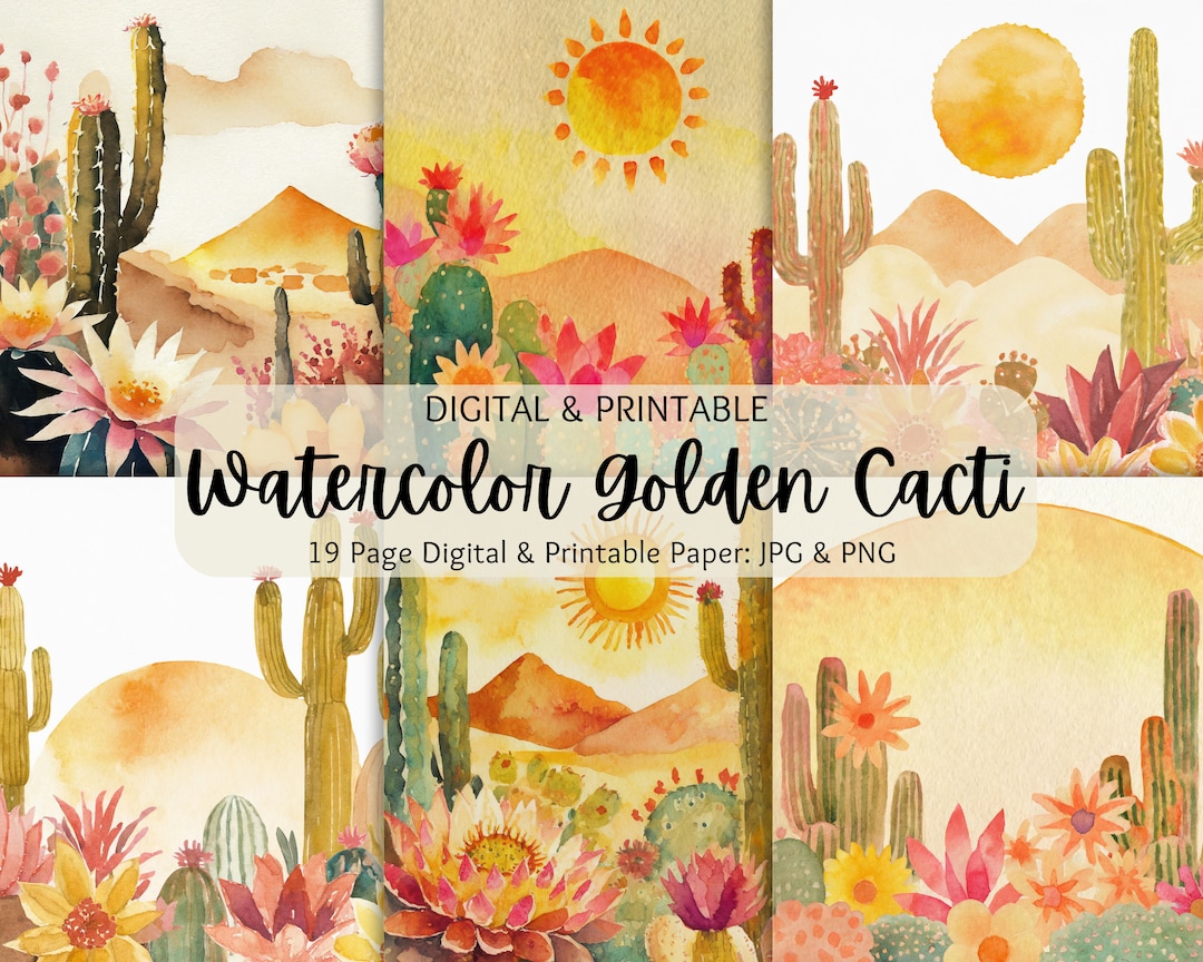 Watercolor Cactus Digital Paper Pack | Golden Watercolor Cactus ...