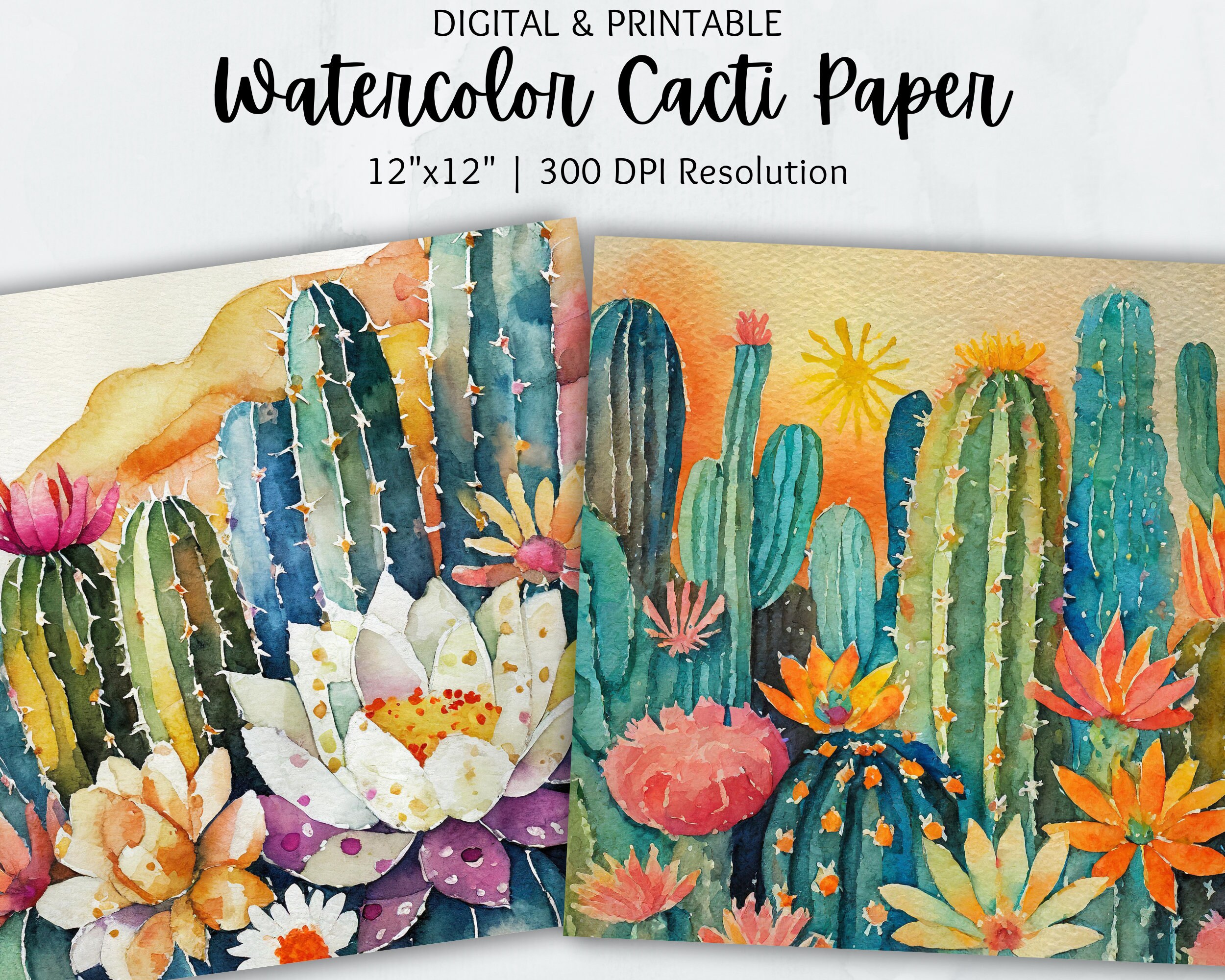Watercolor Cacti Digital Paper Pack | Watercolor Cactus Backgrounds ...