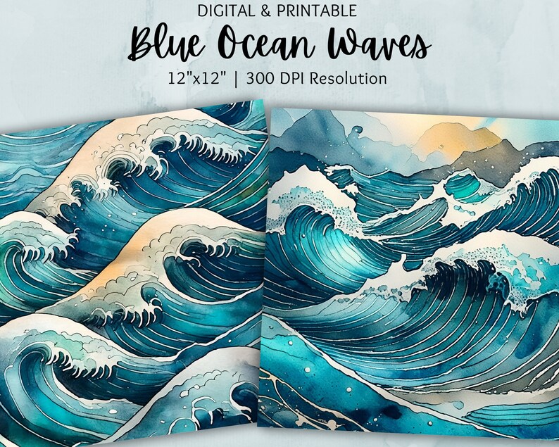 Watercolor Blue Ocean Waves Digital Paper | Watercolor Texture ...
