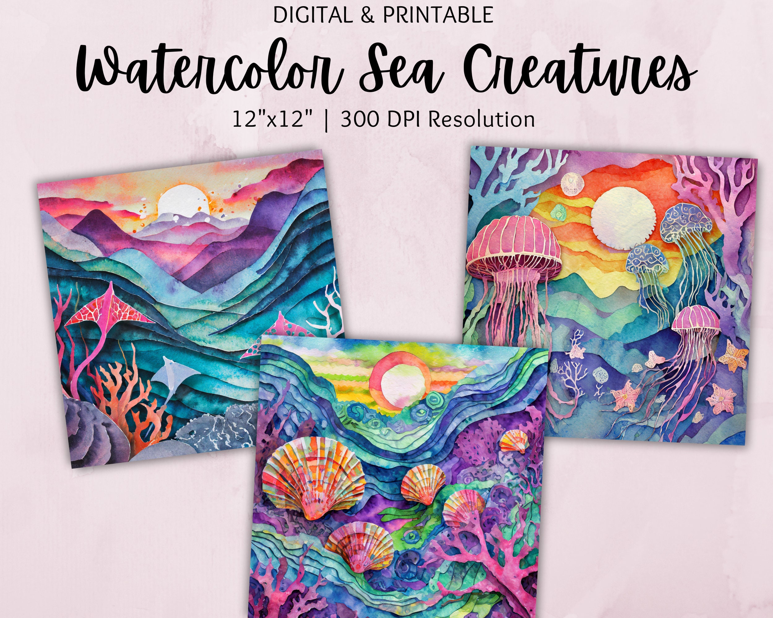 Watercolor Sea Creatures Paper | Ocean Digital Paper Pack | Commercial ...