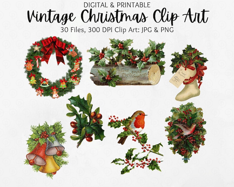 Vintage Christmas Clipart | Retro Christmas PNG Clip Art | Junk Journal ...