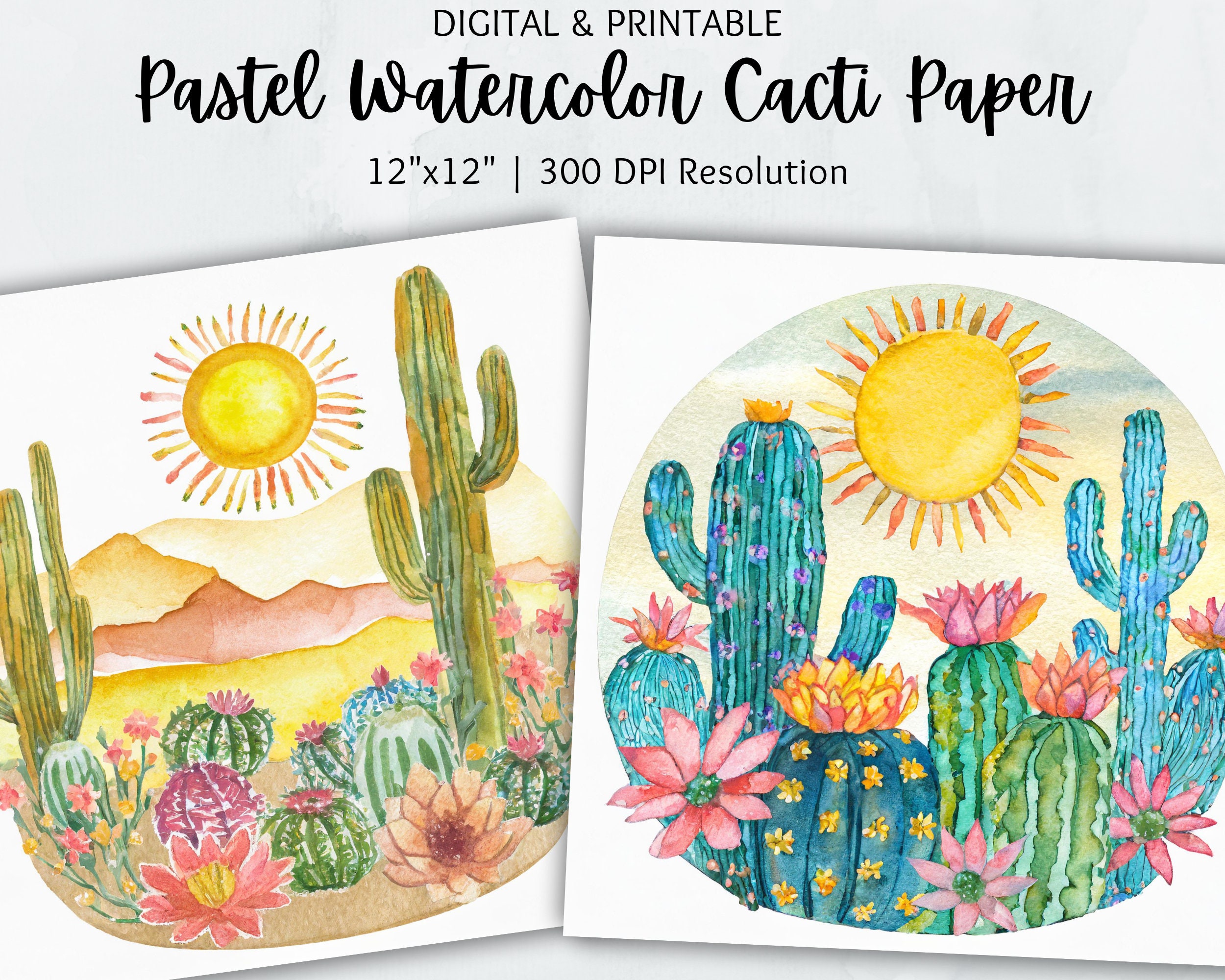 Pastel Watercolor Cacti Digital Paper Pack | Watercolor Cactus ...