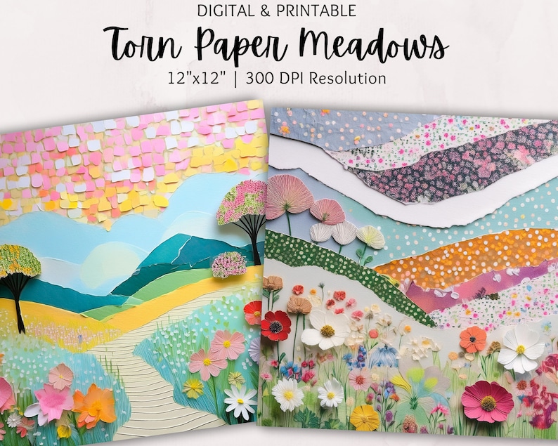 Torn Paper Flower Meadows | Deckle Paper Flower | Floral Background ...