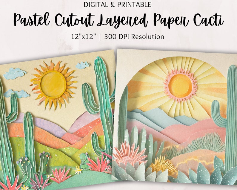 Pastel Cacti Cutout Layered Paper | Digital Paper Pack | Cactus ...