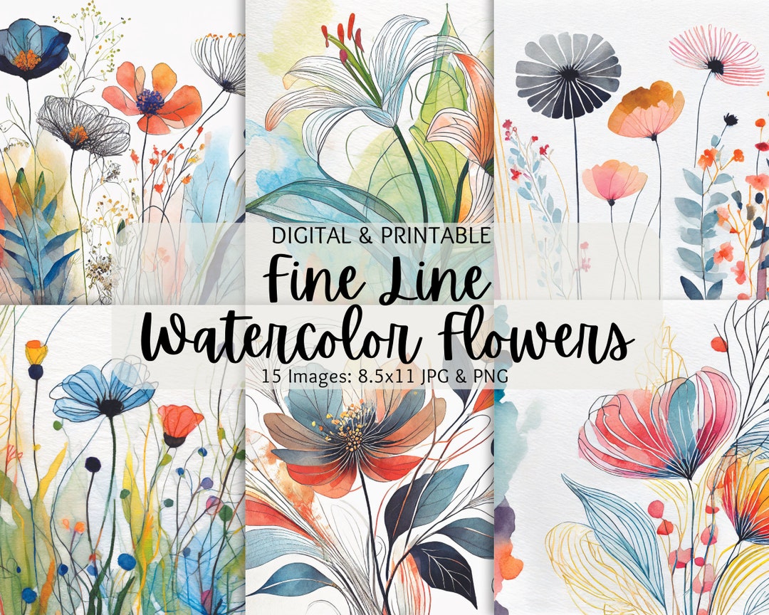 Fine Line Watercolor Flowers Digital Paper Pack | Commercial Use ...
