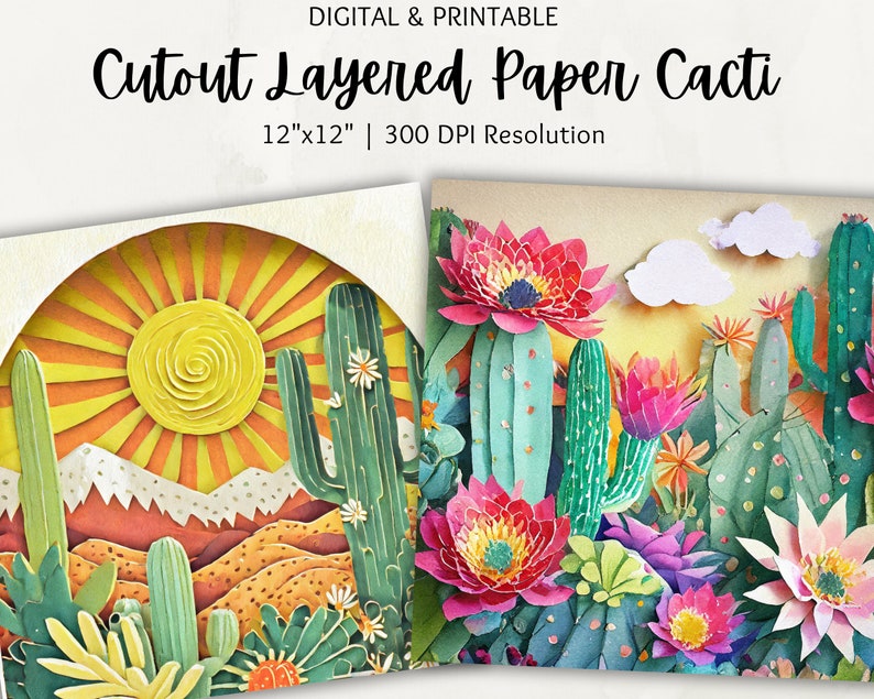 Cacti Cutout Layered Paper | Digital Paper Pack | Cactus Backgrounds ...