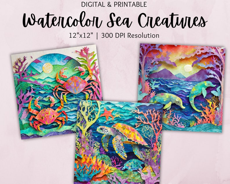 Watercolor Sea Creatures Paper Ocean Digital Paper Pack Commercial Use ...