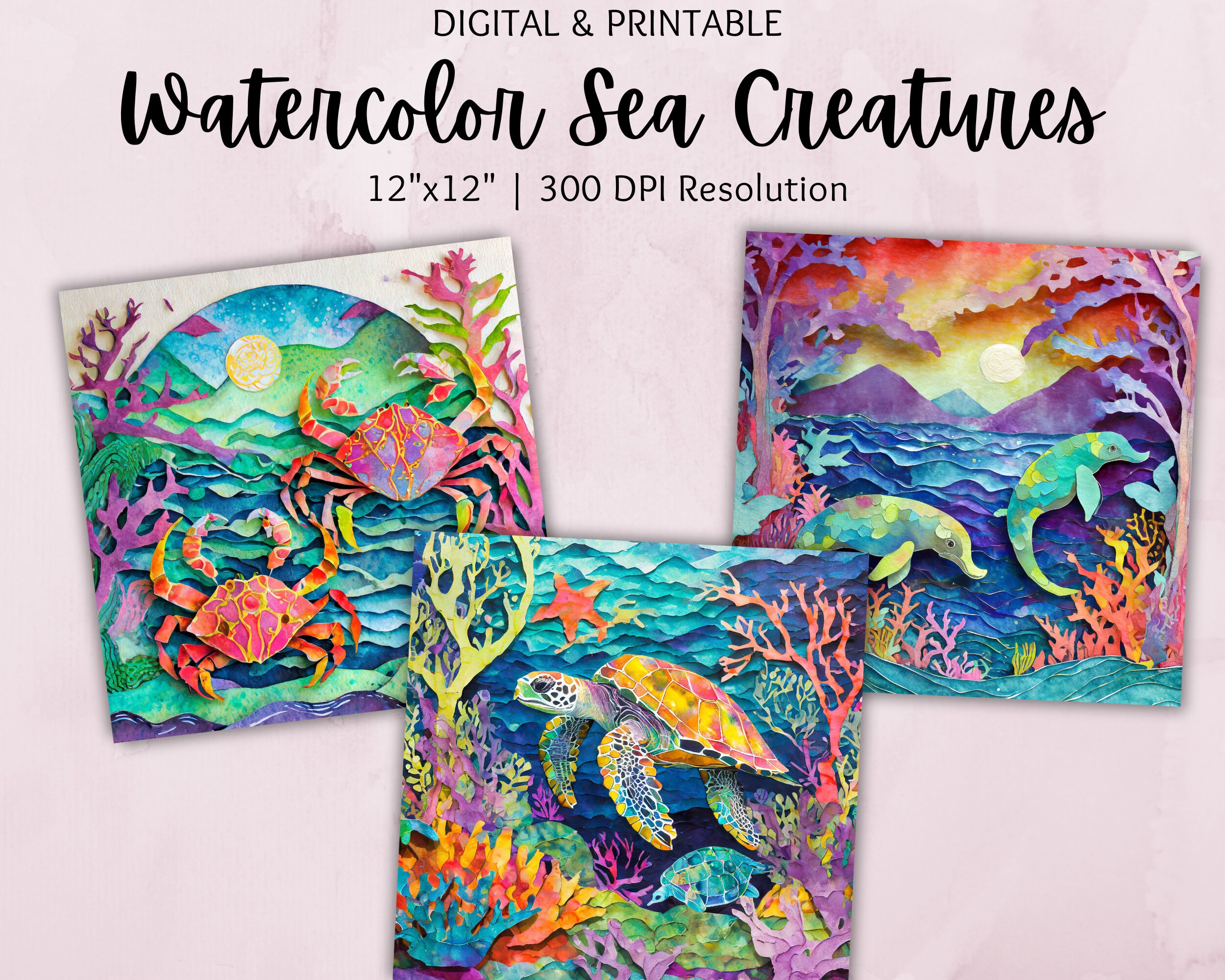 Watercolor Sea Creatures Paper | Ocean Digital Paper Pack | Commercial ...