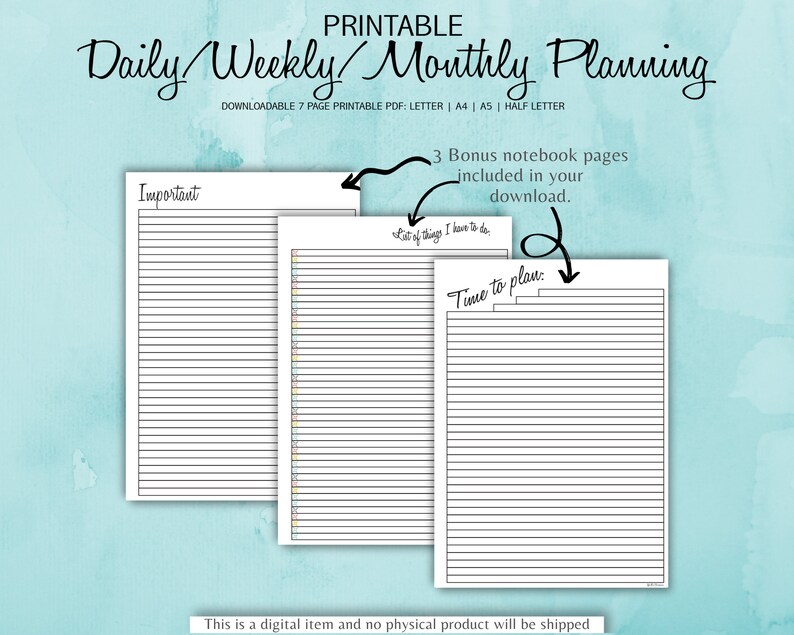 Daily, Weekly, Weekend, Monthly Planner Bundle Printable A4, A5, Letter ...
