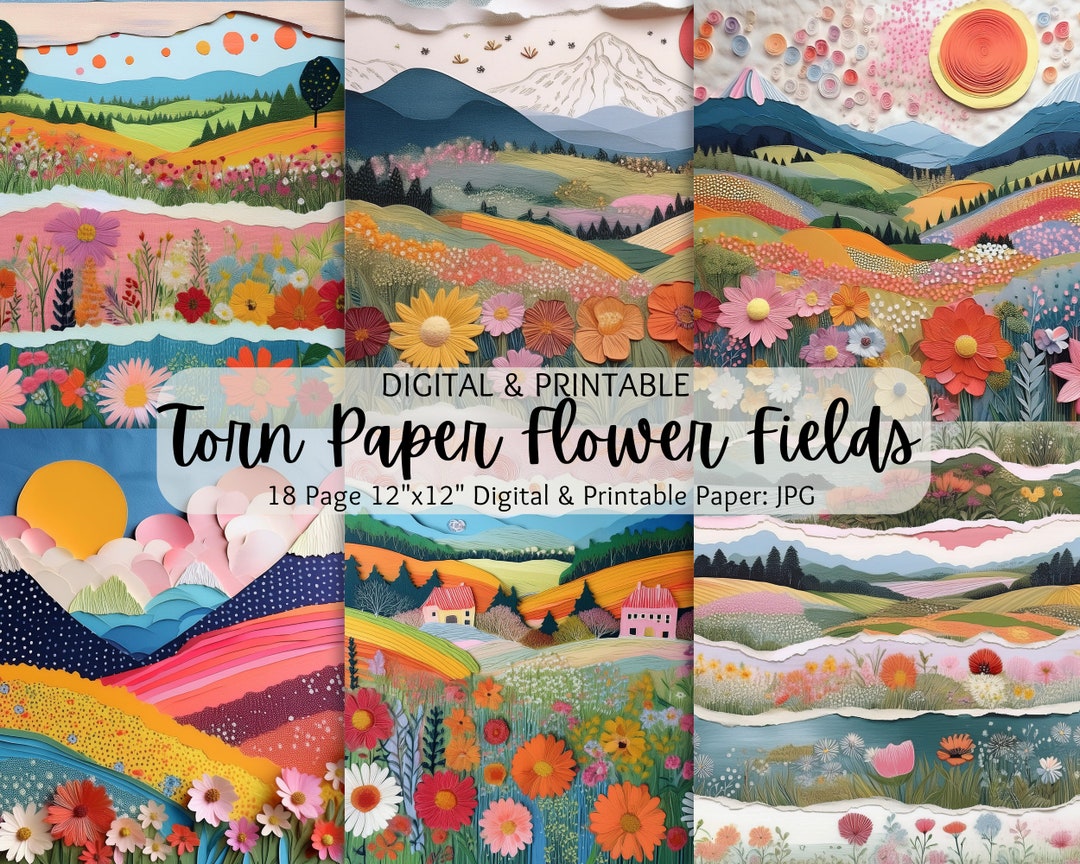 Torn Paper Flower Fields | Deckle Paper Flower | Floral Background ...