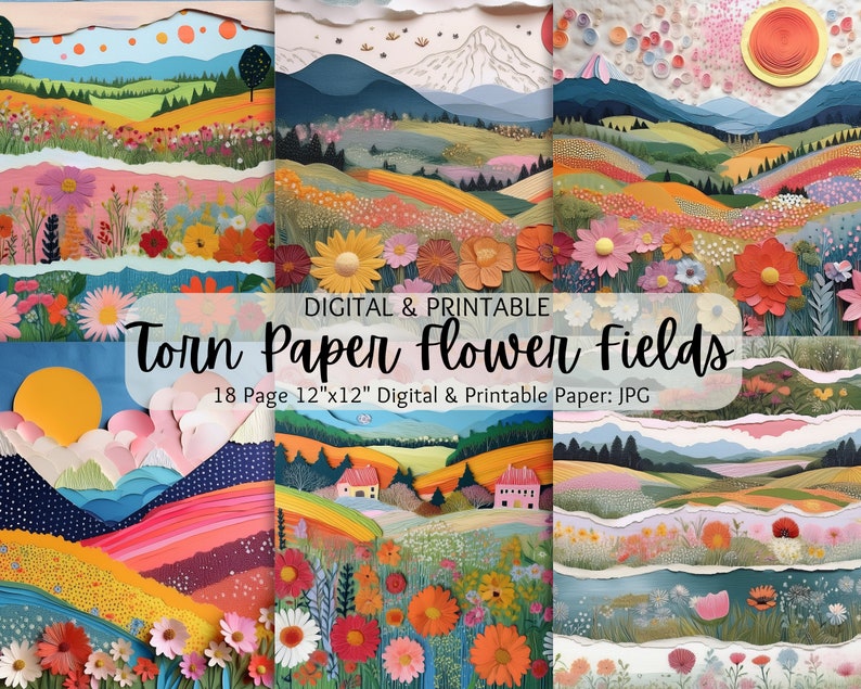Torn Paper Flower Fields | Deckle Paper Flower | Floral Background ...