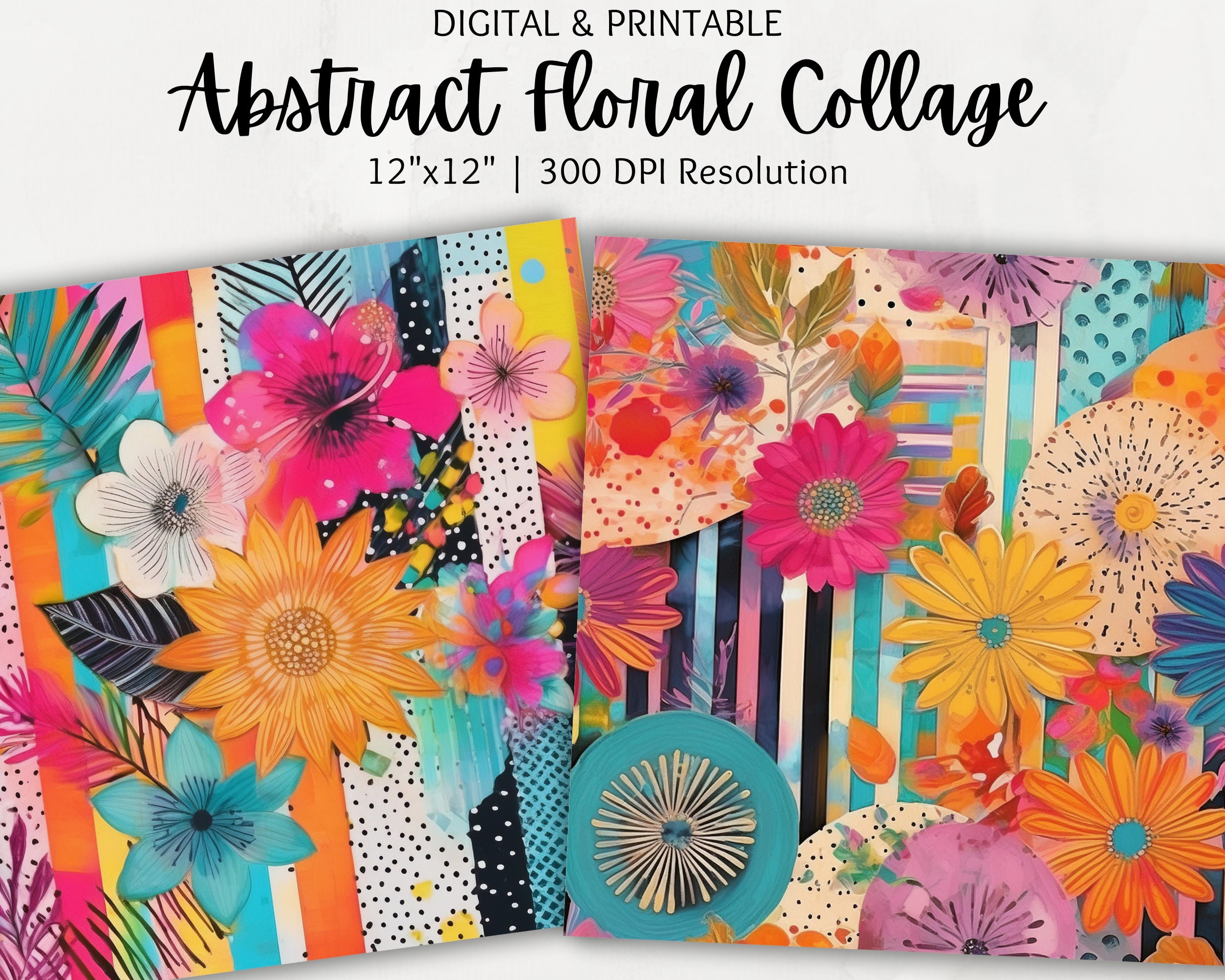 Abstract Mixed Media Vibrant Flower Collage | Digital Paper ...