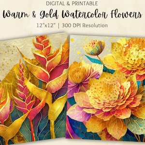 Warm & Gold Watercolor Flowers Digital Paper Pack | Watercolor Floral ...