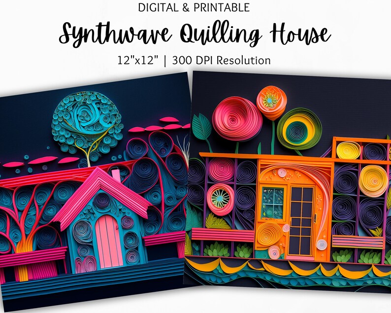 Synthwave Quilling Mid Century Houses Paper Art | Digital Downloads ...