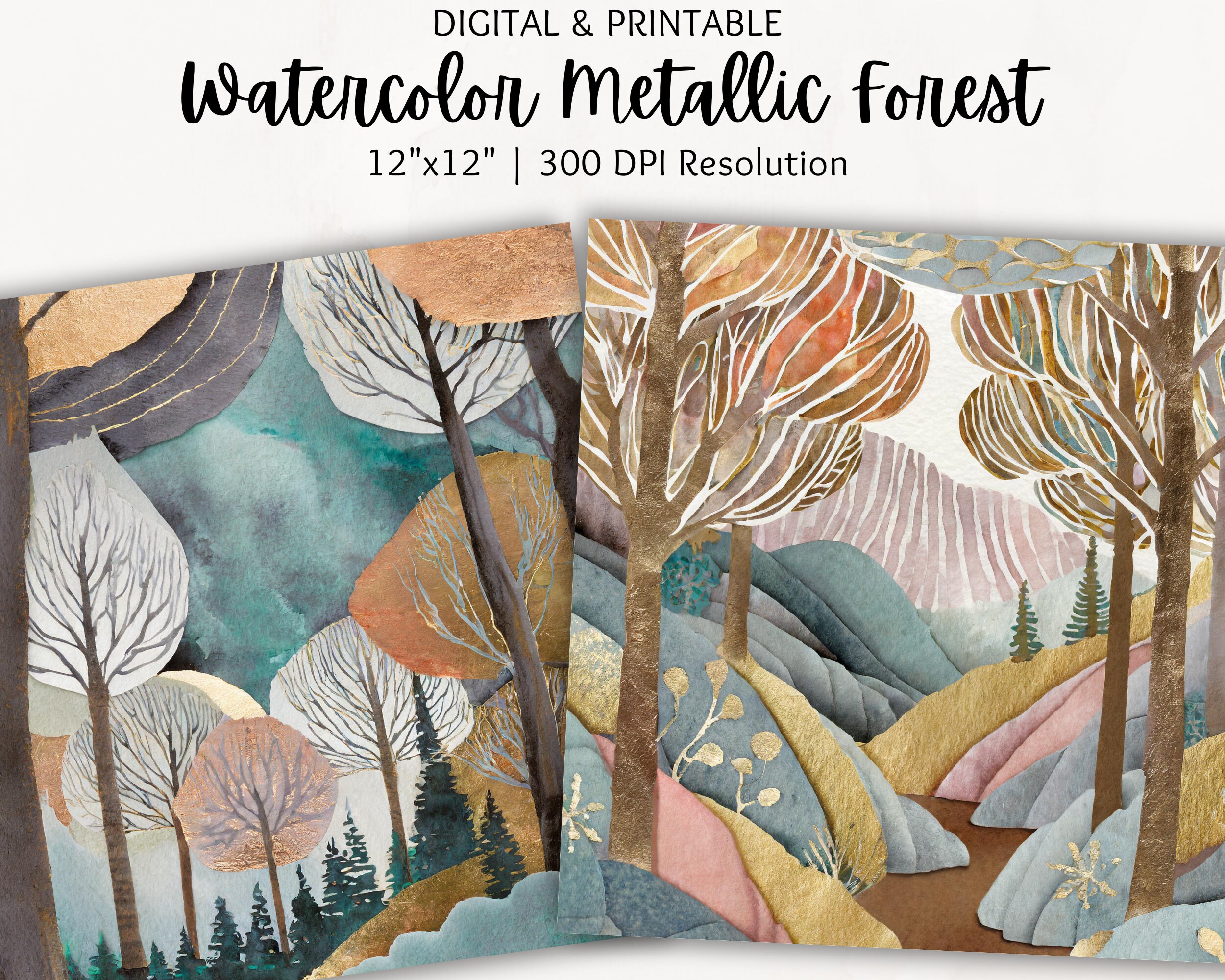 Watercolor Metallic Forest Trees Paper Art | Digital Downloads ...