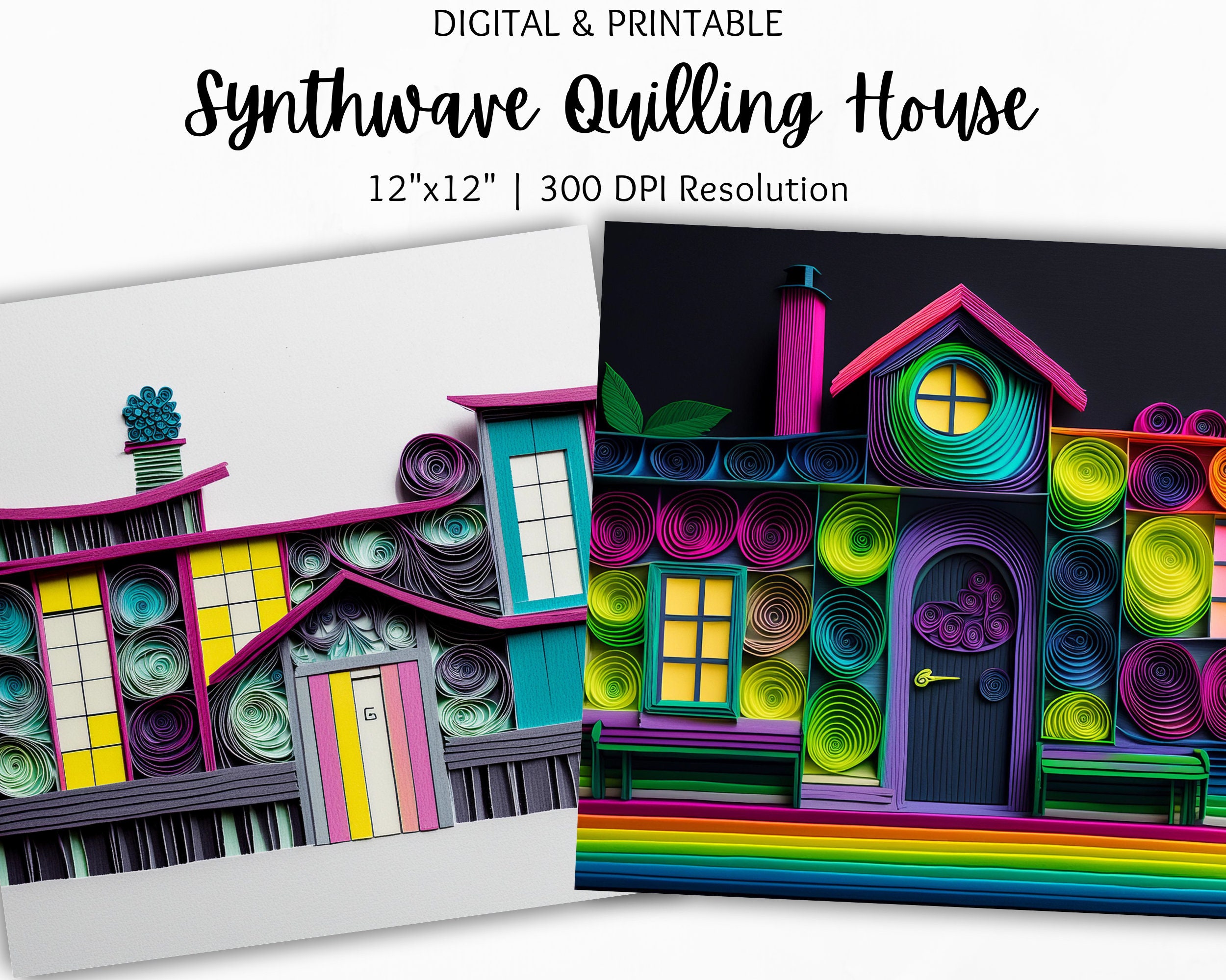 Synthwave Quilling Mid Century Houses Paper Art | Digital Downloads ...