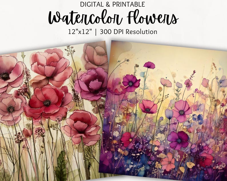 Watercolor Flowers | Colorful Flowers | Digital Paper Pack | Watercolor ...