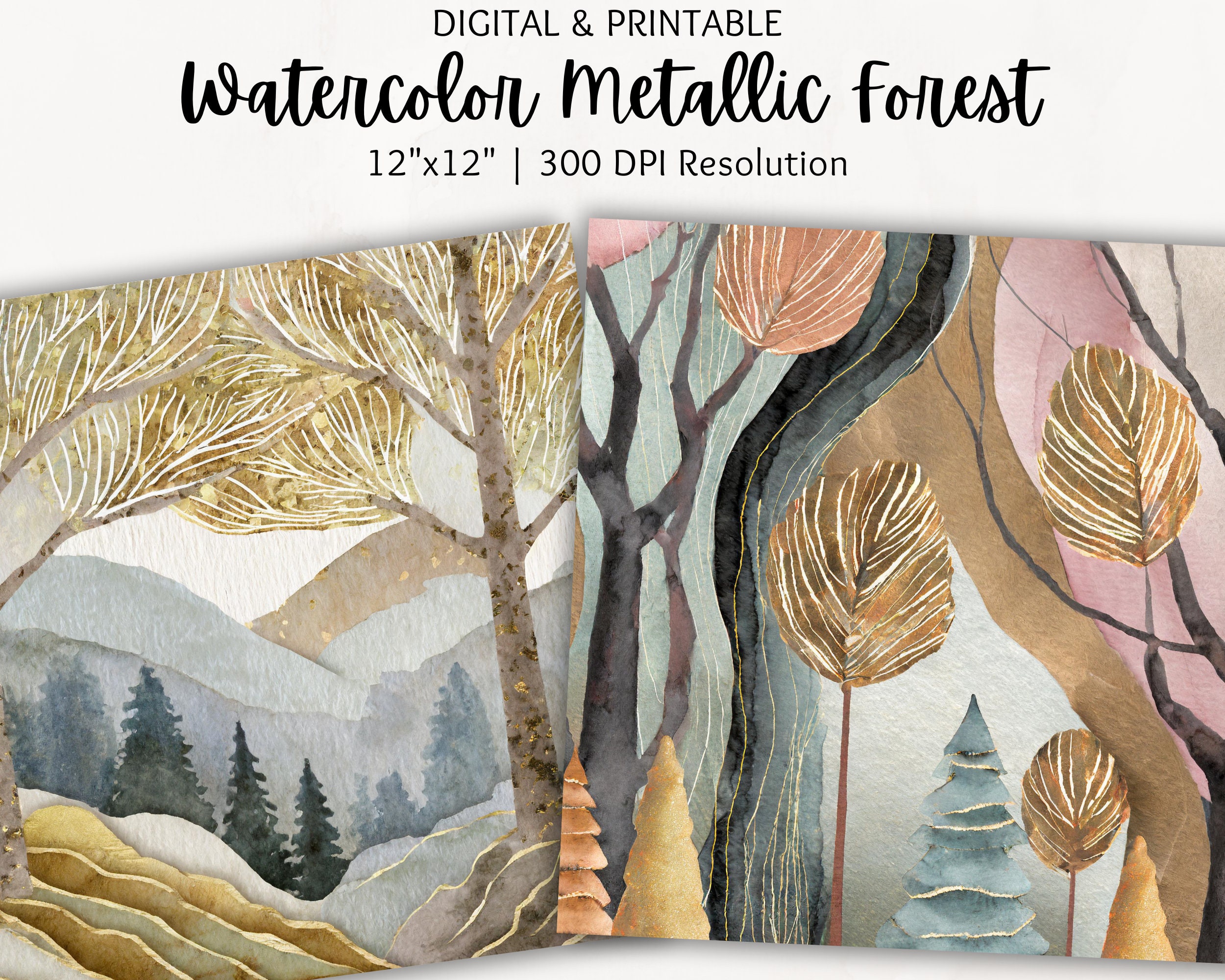 Watercolor Metallic Forest Trees Paper Art | Digital Downloads ...