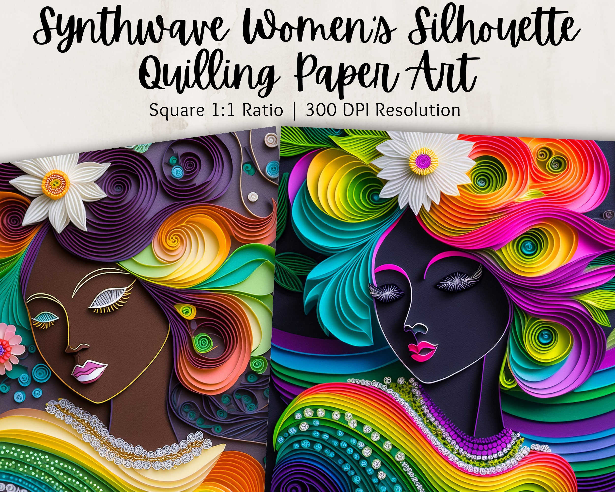 Synthwave Women's Silhouette Art Rainbow Colorful Quilling Paper Art ...