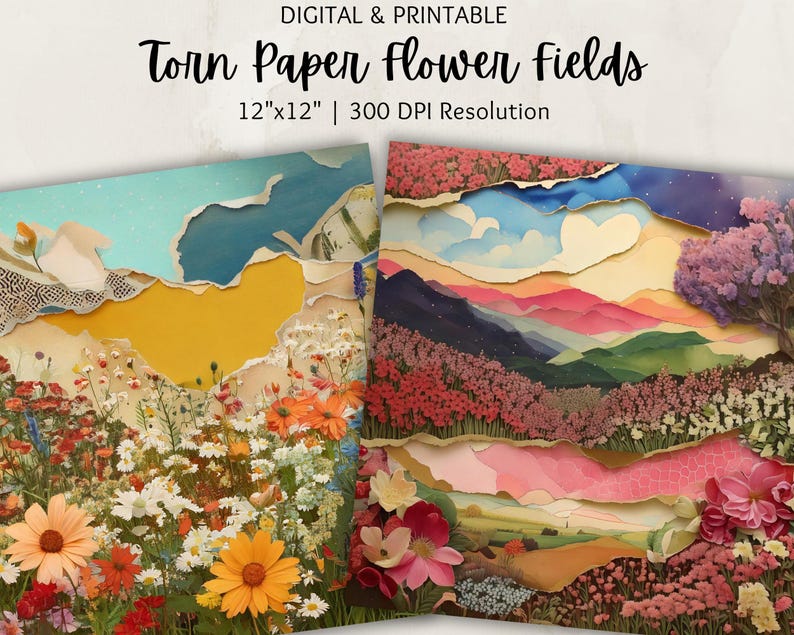 Torn Paper Colorful Flower Fields | Deckle Paper Flower | Floral ...