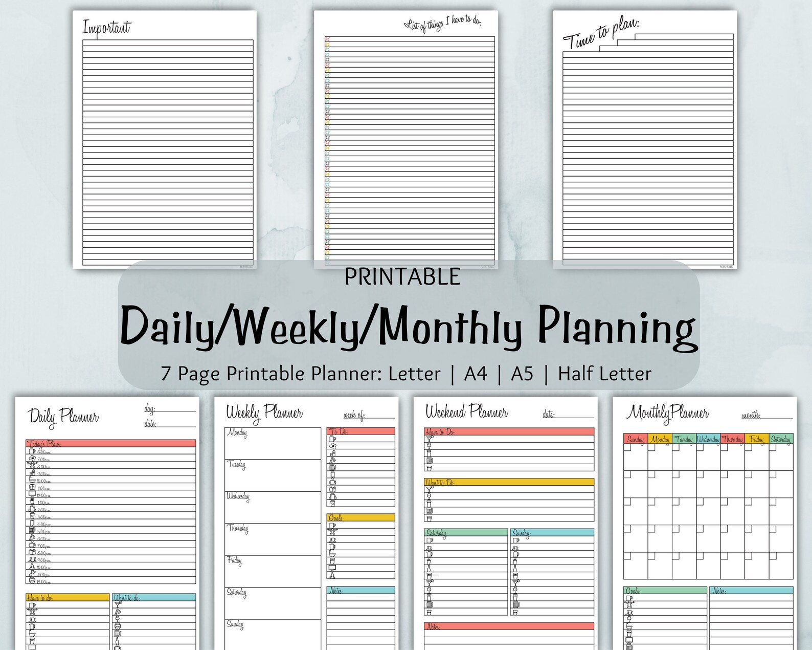 Daily, Weekly, Weekend, Monthly Planner Bundle Printable | A4, A5 ...