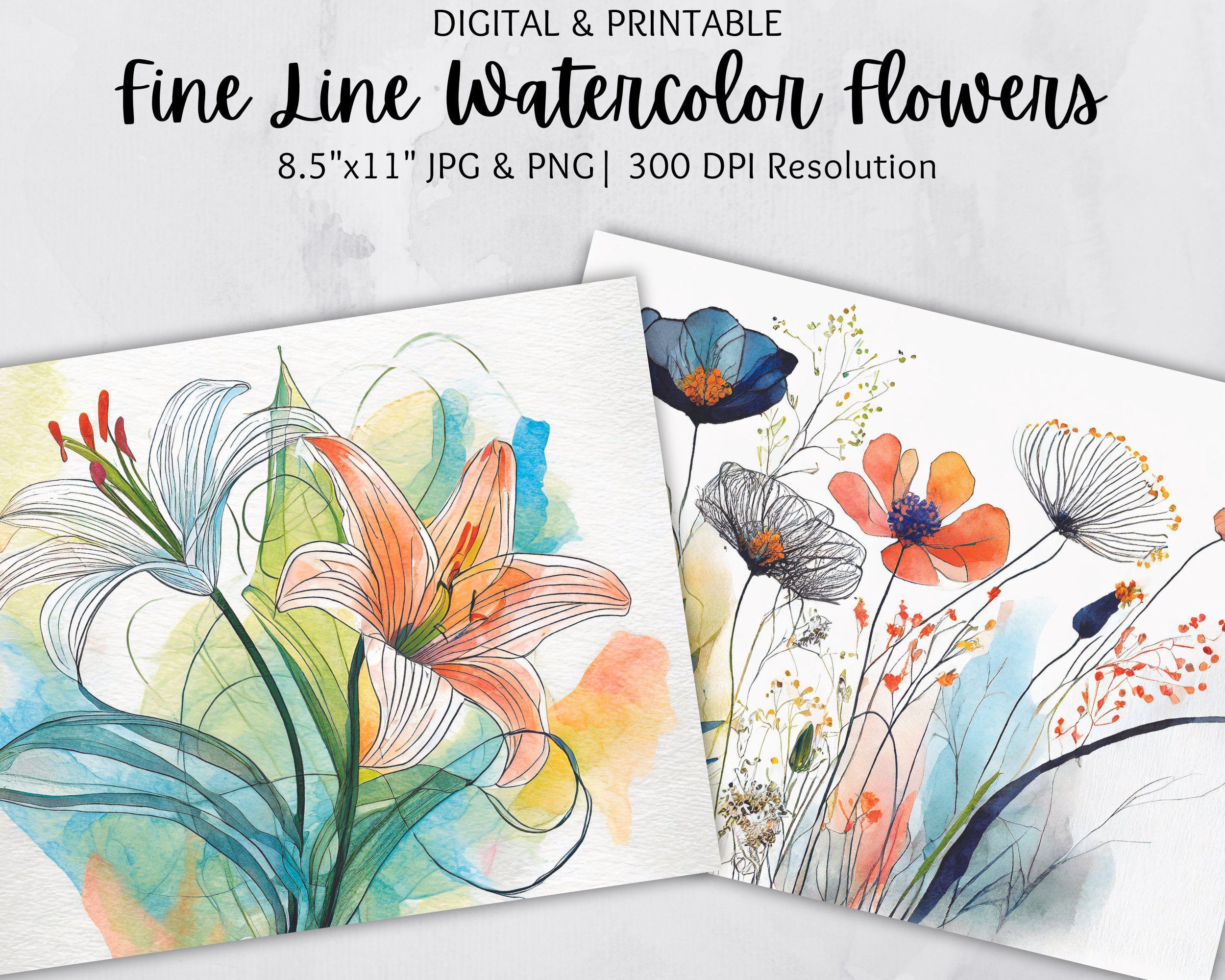 Fine Line Watercolor Flowers Digital Paper Pack | Commercial Use ...