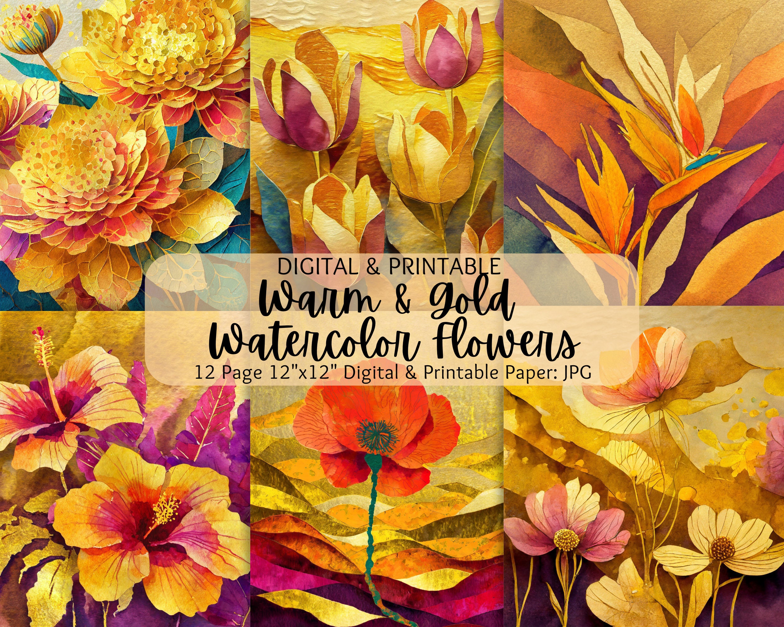 Warm & Gold Watercolor Flowers Digital Paper Pack | Watercolor Floral ...
