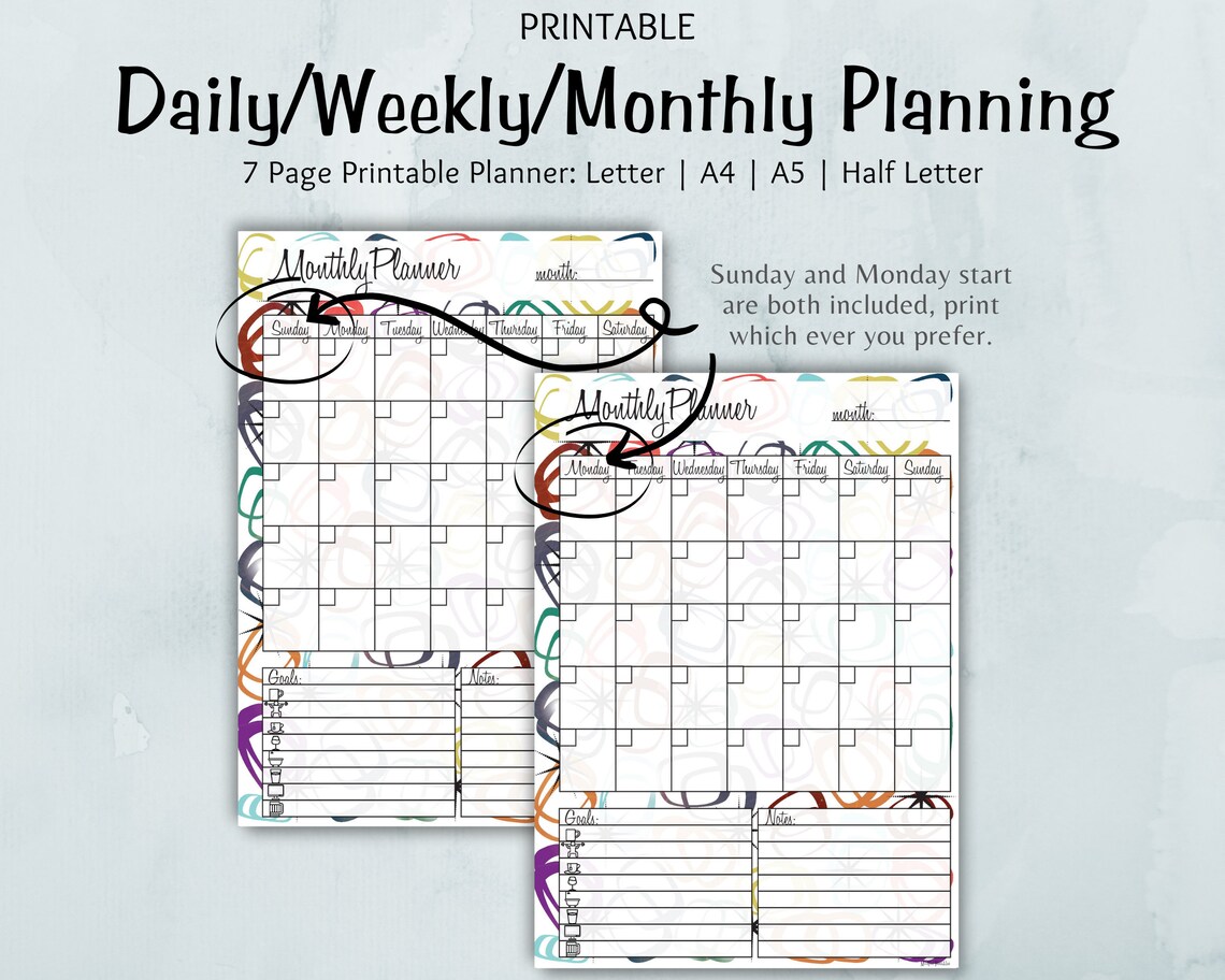Daily, Weekly, Weekend, Monthly Planner Bundle Printable A4, A5, Letter ...