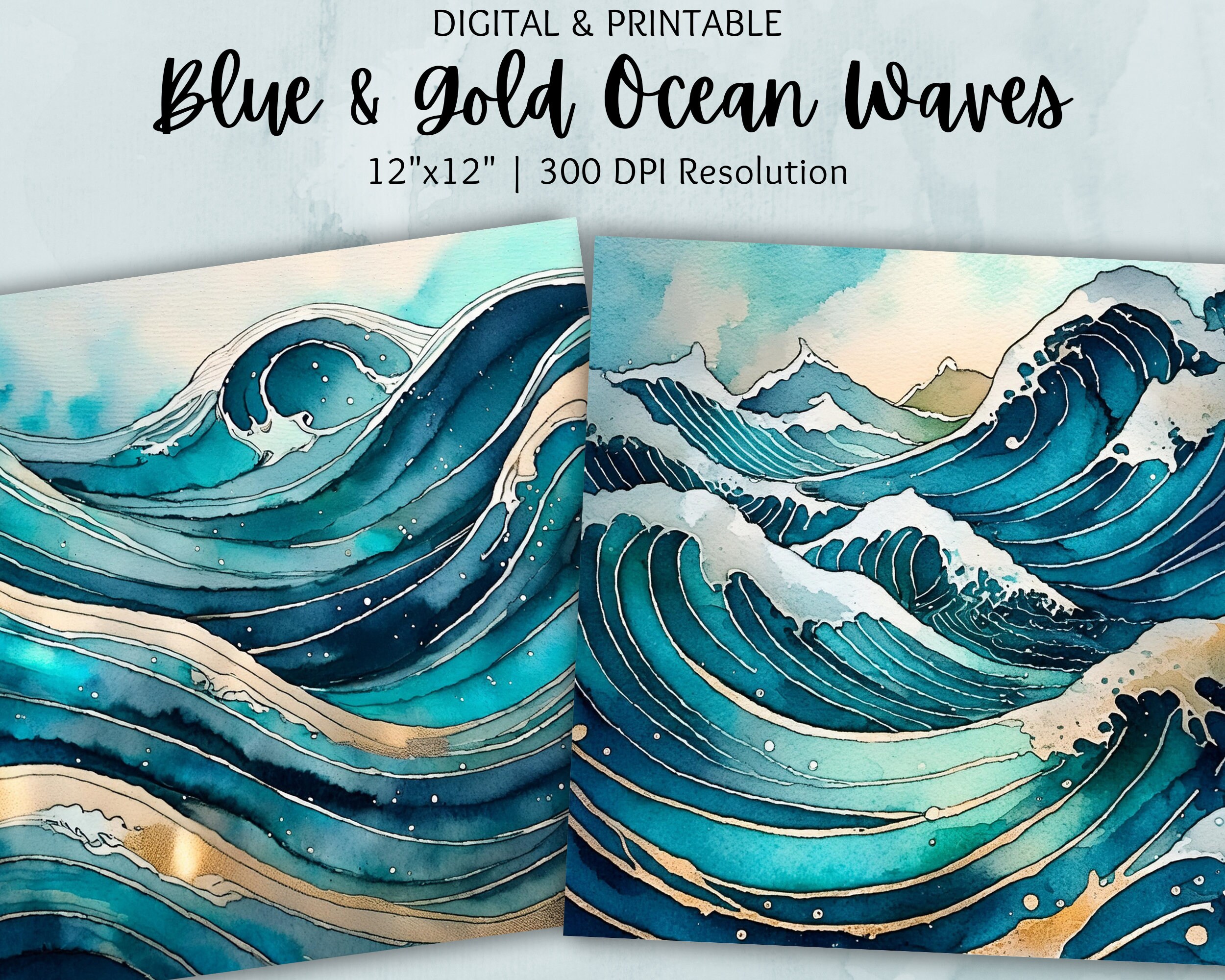 Ocean Waves Digital Paper | Blue & Gold Metallic Watercolor Ocean Waves ...
