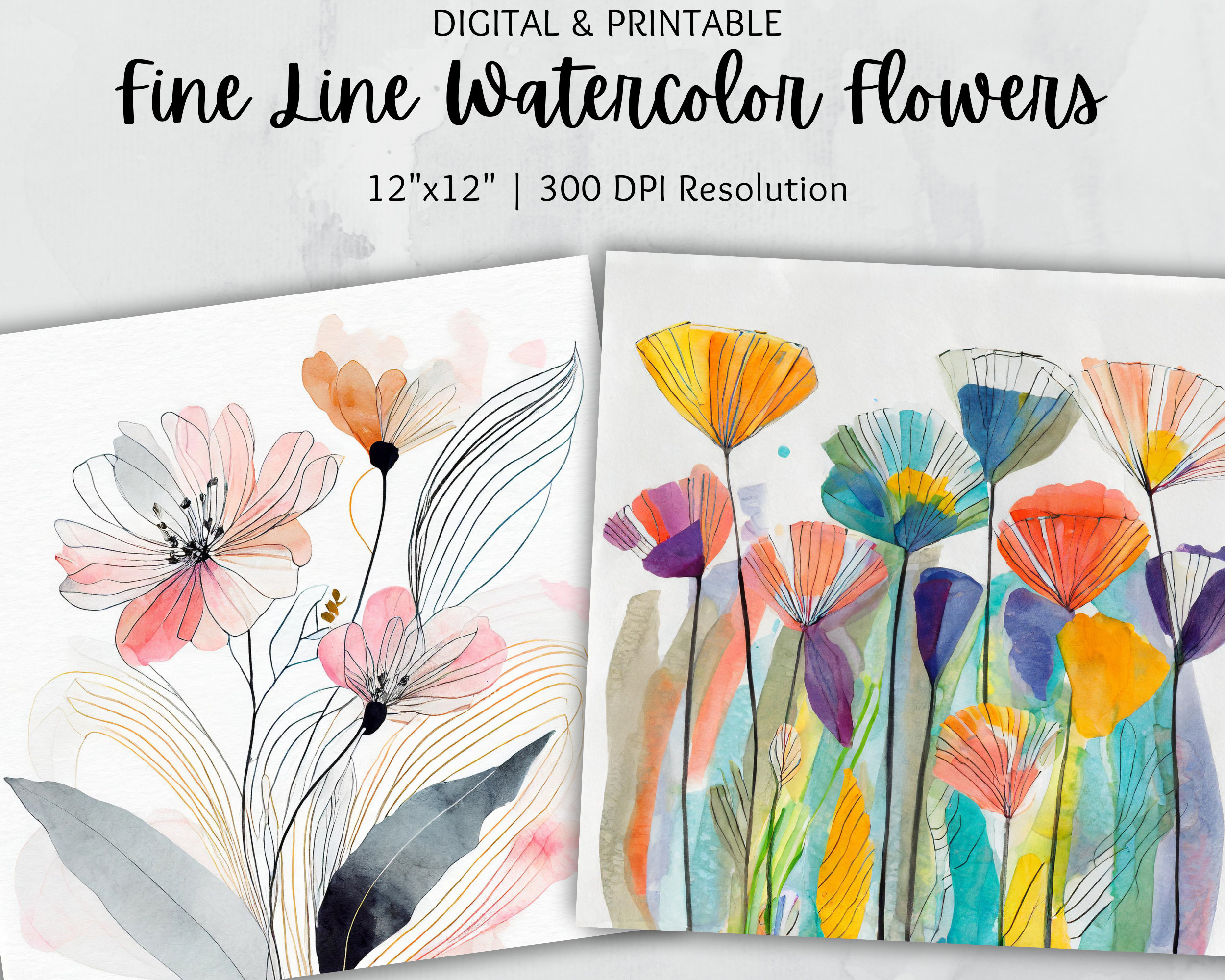 Fine Line Watercolor Flowers Digital Paper Pack | Commercial Use ...