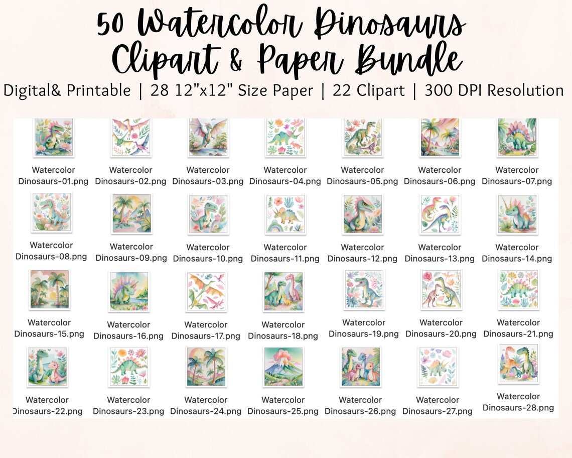 Watercolor Dinosaur Clipart Bundle Watercolor Dinosaurs Digital Paper ...