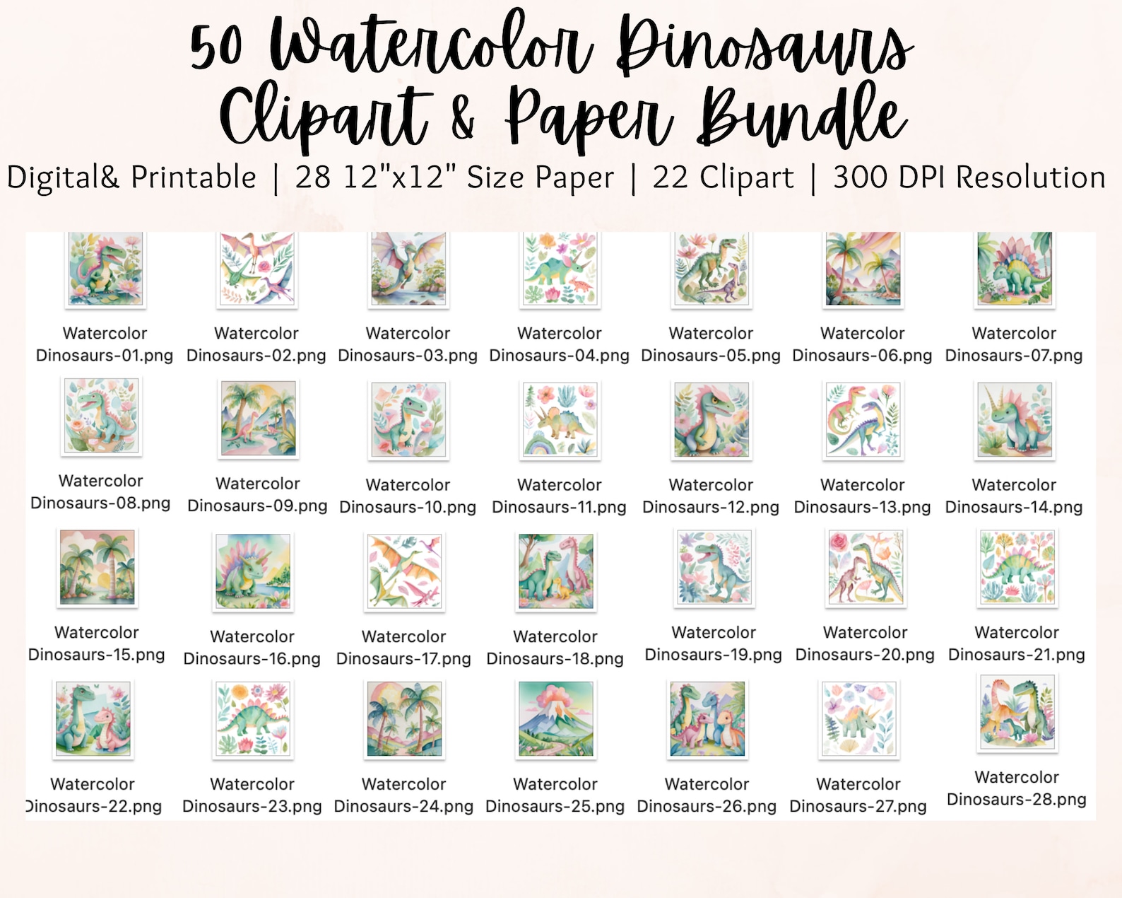 Watercolor Dinosaur Clipart Bundle | Watercolor Dinosaurs Digital Paper ...