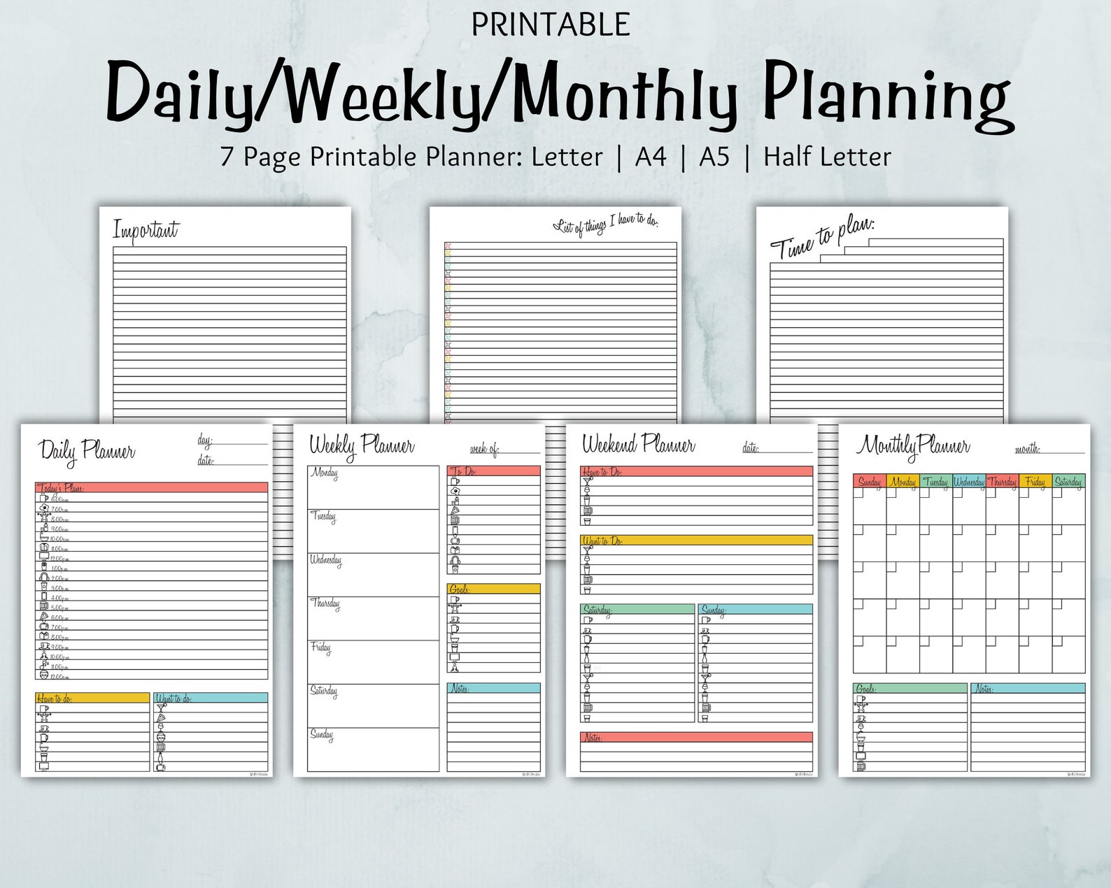 Daily, Weekly, Weekend, Monthly Planner Bundle Printable | A4, A5 ...