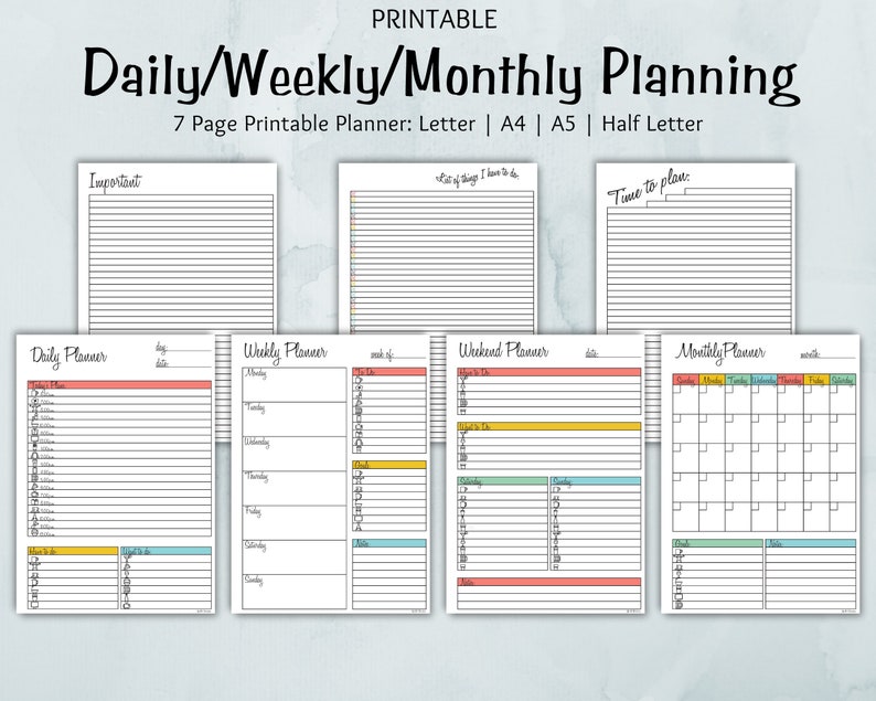 Daily, Weekly, Weekend, Monthly Planner Bundle Printable | A4, A5 ...