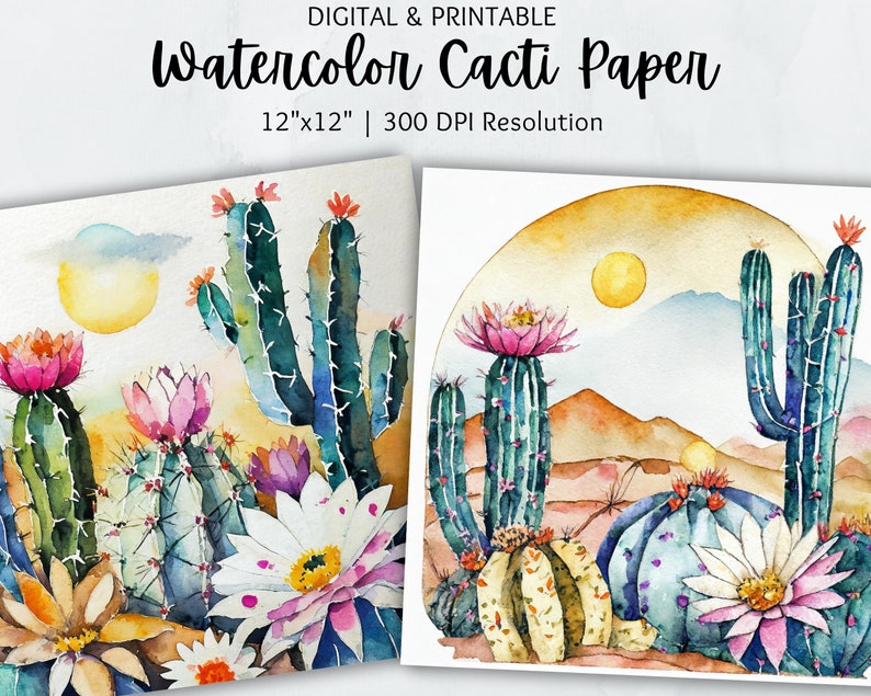 Watercolor Cacti Digital Paper Pack | Watercolor Cactus Backgrounds ...
