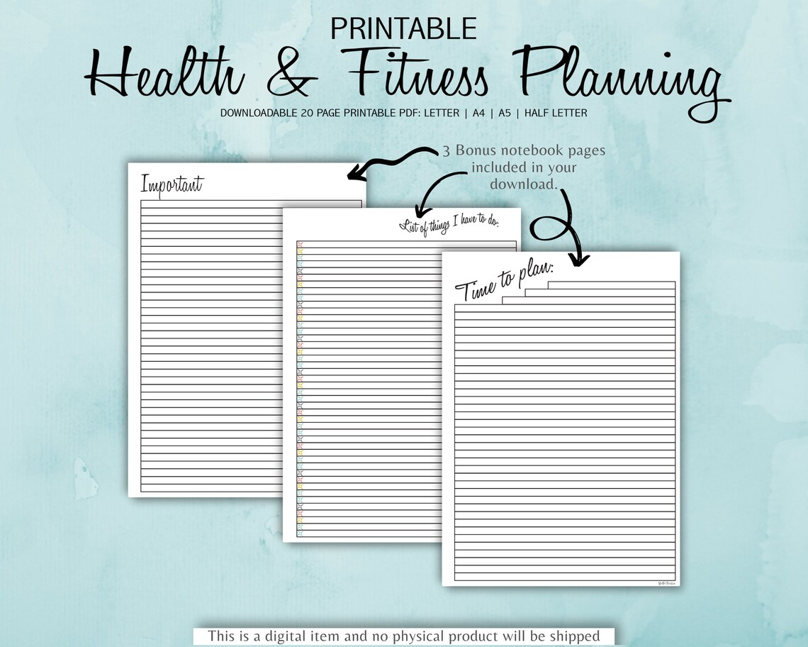 Self Care, Health, Fitness and Welness Journal Planner Insert Bundle ...
