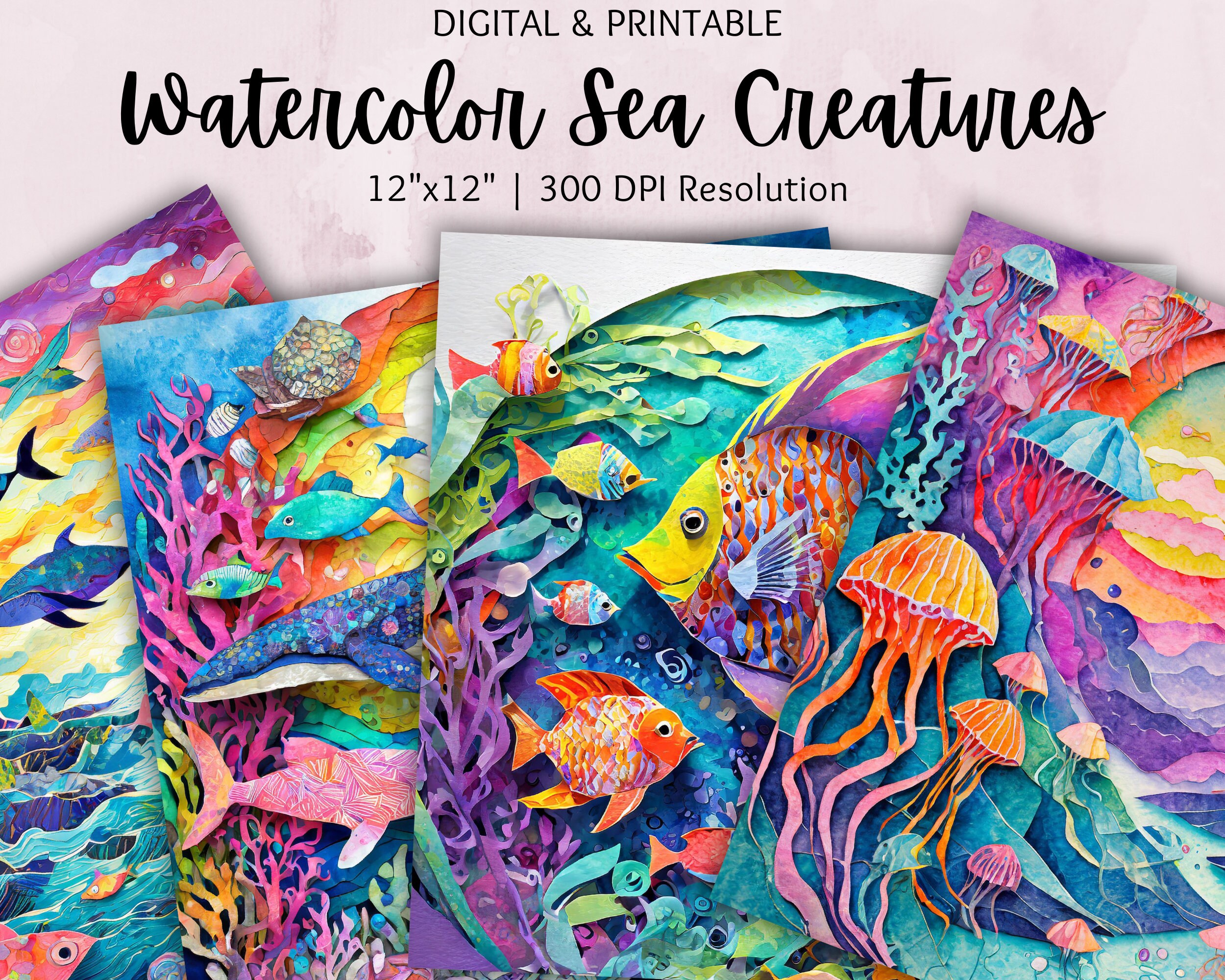 Watercolor Sea Creatures Paper | Ocean Digital Paper Pack | Commercial ...