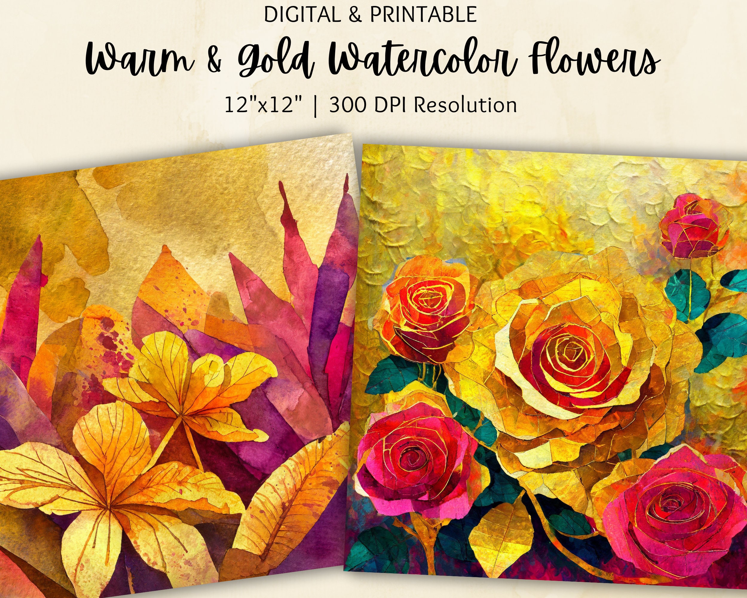 Warm & Gold Watercolor Flowers Digital Paper Pack | Watercolor Floral ...
