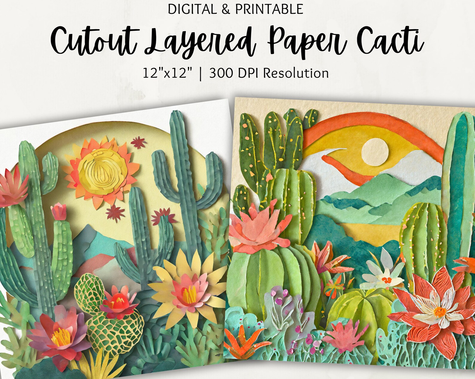 Cacti Cutout Layered Paper | Digital Paper Pack | Cactus Backgrounds ...