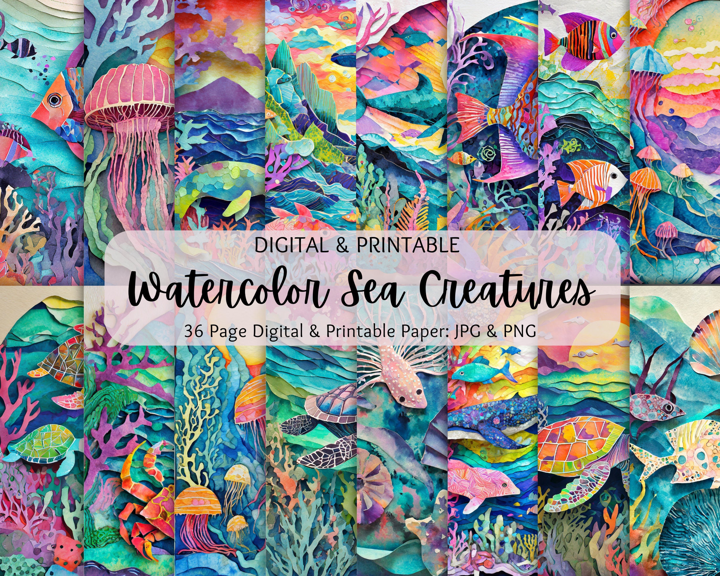 Watercolor Sea Creatures Paper | Ocean Digital Paper Pack | Commercial ...