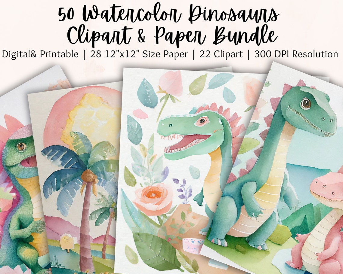 Watercolor Dinosaur Clipart Bundle Watercolor Dinosaurs Digital Paper ...