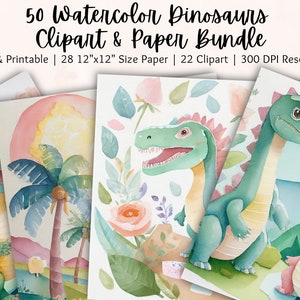 Watercolor Dinosaur Clipart Bundle | Watercolor Dinosaurs Digital Paper ...