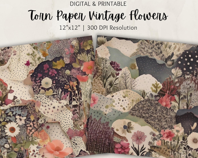 Torn Paper Vintage Flowers | Deckle Paper Flower | Floral Background ...
