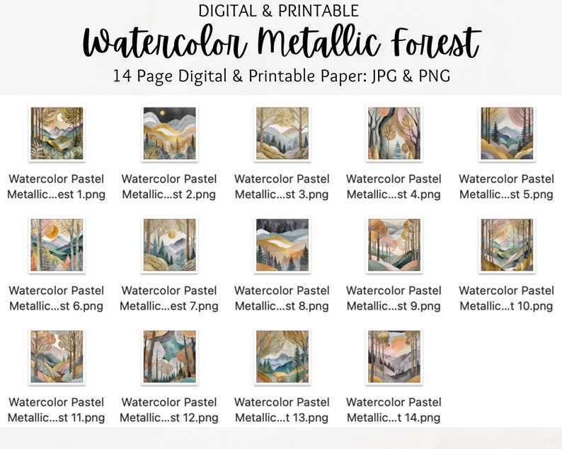 Watercolor Metallic Forest Trees Paper Art | Digital Downloads ...