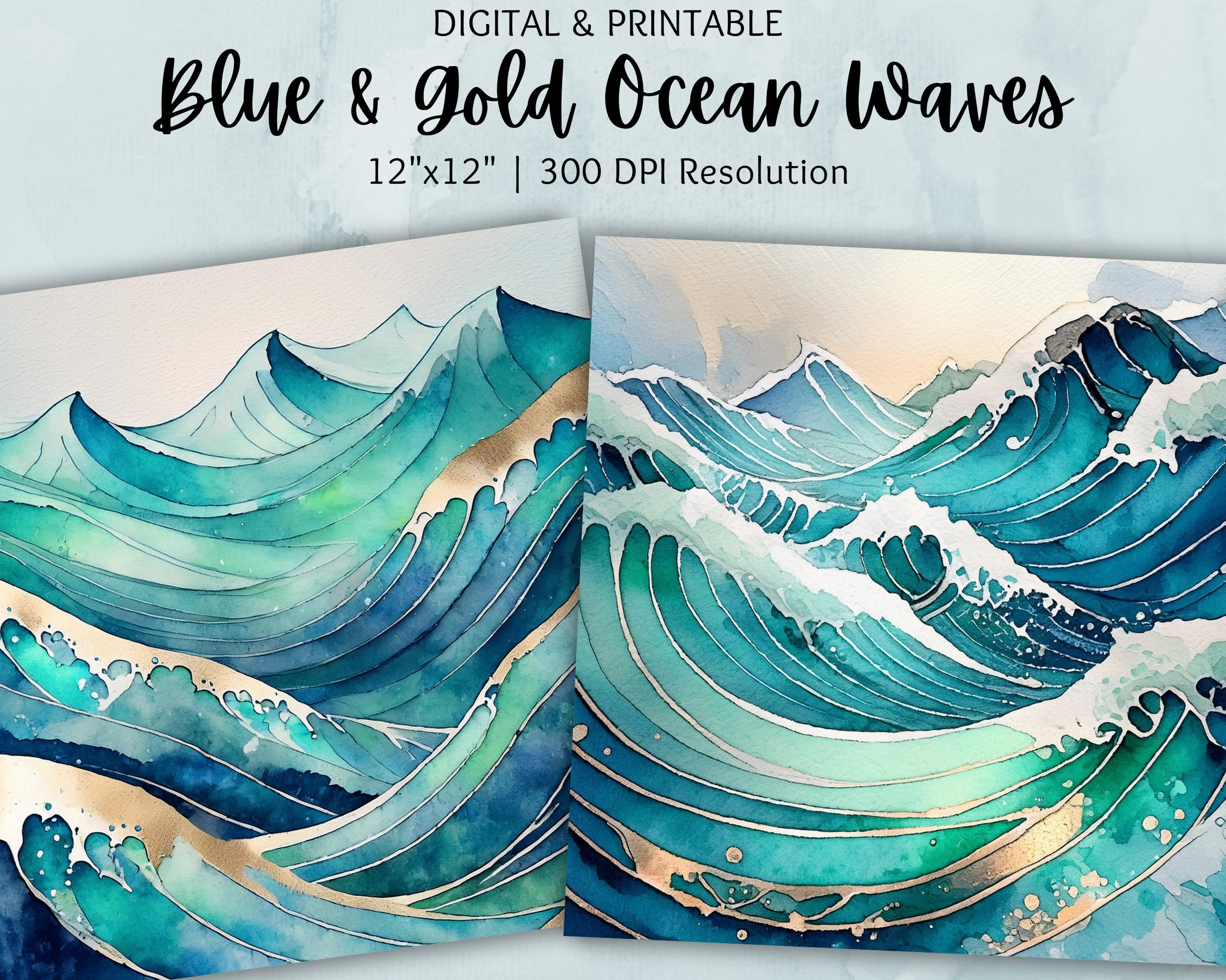 Ocean Waves Digital Paper | Blue & Gold Metallic Watercolor Ocean Waves ...