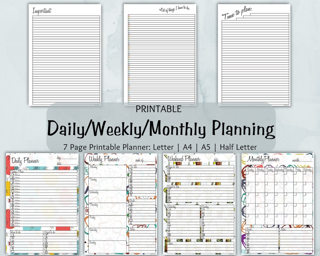 Daily, Weekly, Weekend, Monthly Planner Bundle Printable A4, A5, Letter ...