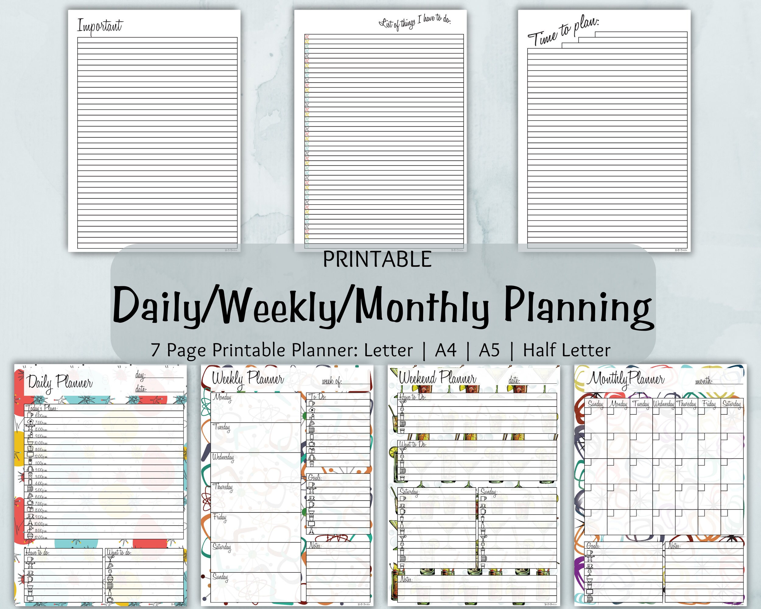 Daily, Weekly, Weekend, Monthly Planner Bundle Printable | A4, A5 ...