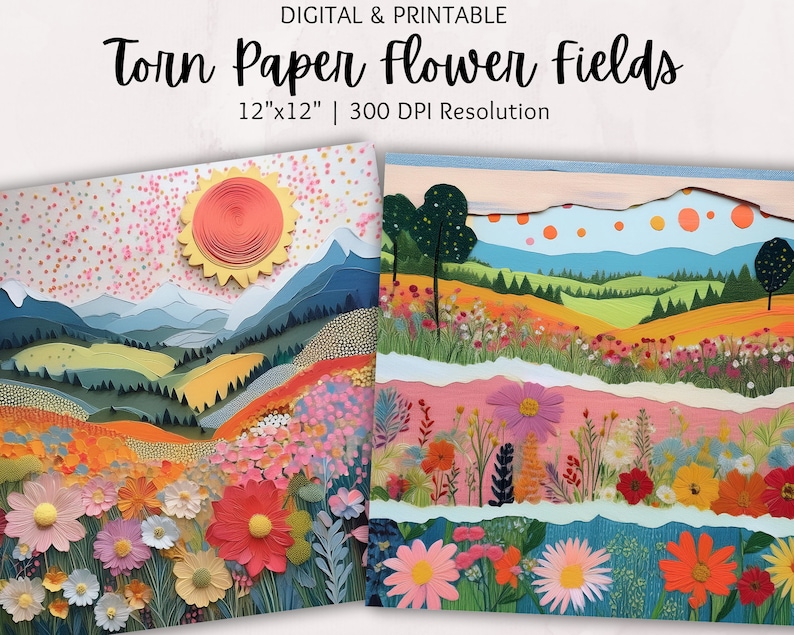 Torn Paper Flower Fields | Deckle Paper Flower | Floral Background ...